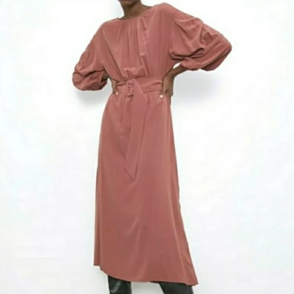 Zara | Dresses | Zara Rust Pink Belted Peasant Puff Sleeve Midi Dress ...